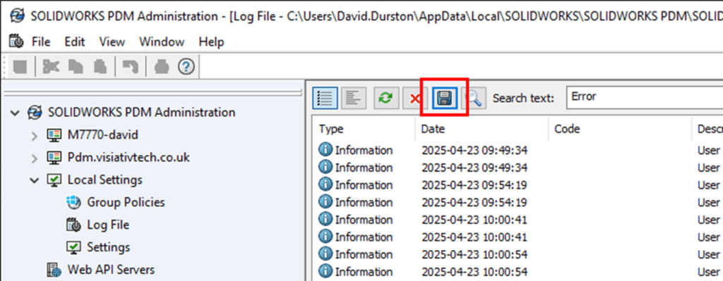 Saving SolidWorks PDM Archive Server and Client Logs